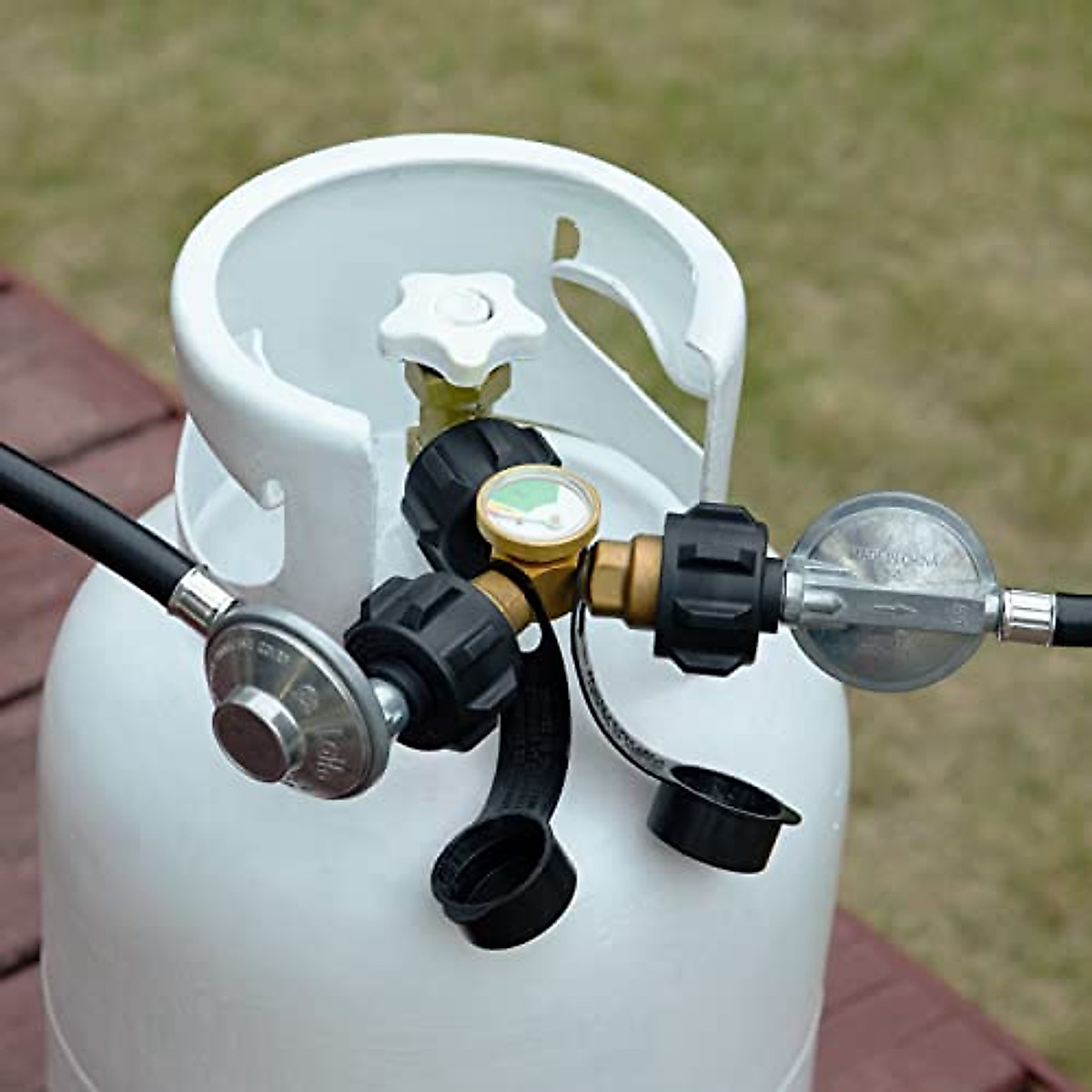 SHINESTAR 1lb to 20lb Propane Adapter with Durable Braided Hose, Comes with A Propane Tank Splitter with Gauge, Fit for Propane Stove, Griddle, Gas Grill and More