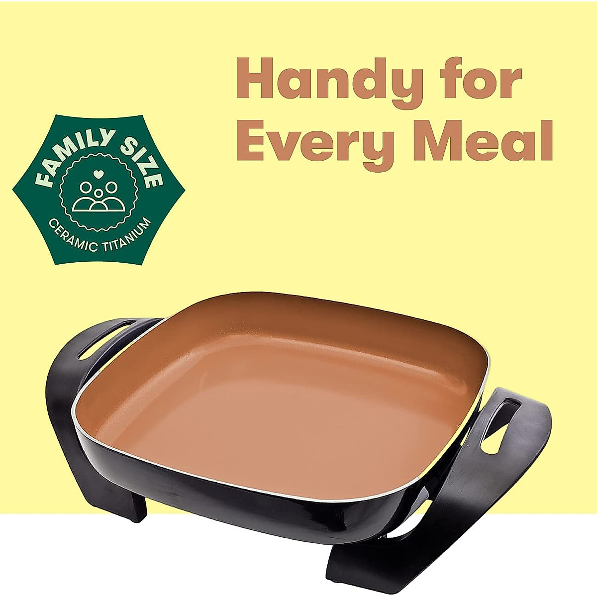 Electric Skillet Nonstick with Lid - 12"x12" Deep Frying Pan, Serves 4 to 6 People, Cool Touch Handles, Removable Heating Probe, Dishwasher Safe, Copper
