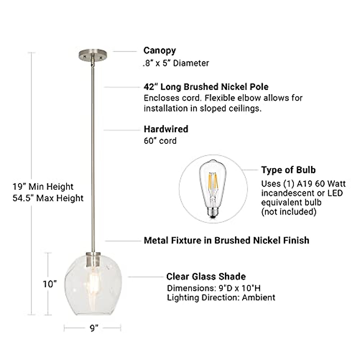 Catalina 9" Modern Clear Glass Round Mini Pendant Ceiling Light, Brushed Nickel