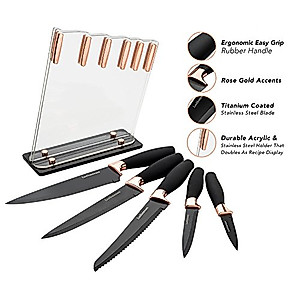 6 Piece Knife Set | 5 Beautiful Rose Gold Knives with Knife Block | Sharp Kitchen Knife Sets | Multiple Size, All Purpose Kitchen Knives | 8” Chef, Bread, & Carving Knife | Utility & Paring Knife