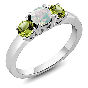 Gem Stone King 925 Sterling Silver Round Cabochon White Simulated Opal and Green Peridot Ring For Women (1.10 Cttw, Available In Size 5, 6, 7, 8, 9)