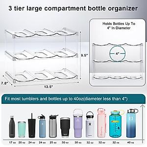 3 Tier Stackable Water Bottle Organizer for Cabinet - Premium Clear Holder for Tumbler, Travel Bottle, Wine Rack Display - Home Kitchen Pantry Refrigerator Organization and Storage - Hold 9 Bottles