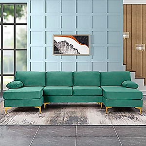 Modern Large Velvet Fabric U-Shape Sectional Sofa, Double Extra Wide Chaise Lounge Couch with Gold Legs