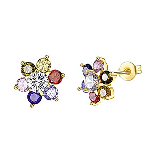 WSKFLY Colored Cubic Zirconia Stud Earrings for Women,14K Gold Plated Crystal Flower Exquisite Earring for Mother, Ladies