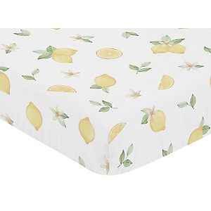 Sweet Jojo Designs Lemon Floral Girl Fitted Crib Sheet Baby or Toddler Bed Nursery - Yellow Green Beige White Watercolor Boho Bohemian Farmhouse Fruit Flower Blossom Botanical Leaf