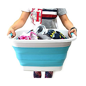 SAMMART 37L (9.77 Gallon) Collapsible Plastic Laundry Basket - Foldable Pop-Up Storage Container/Organizer - Portable Washing Tub - Space Saving Hamper/Basket (1, Grey/Bright Blue)