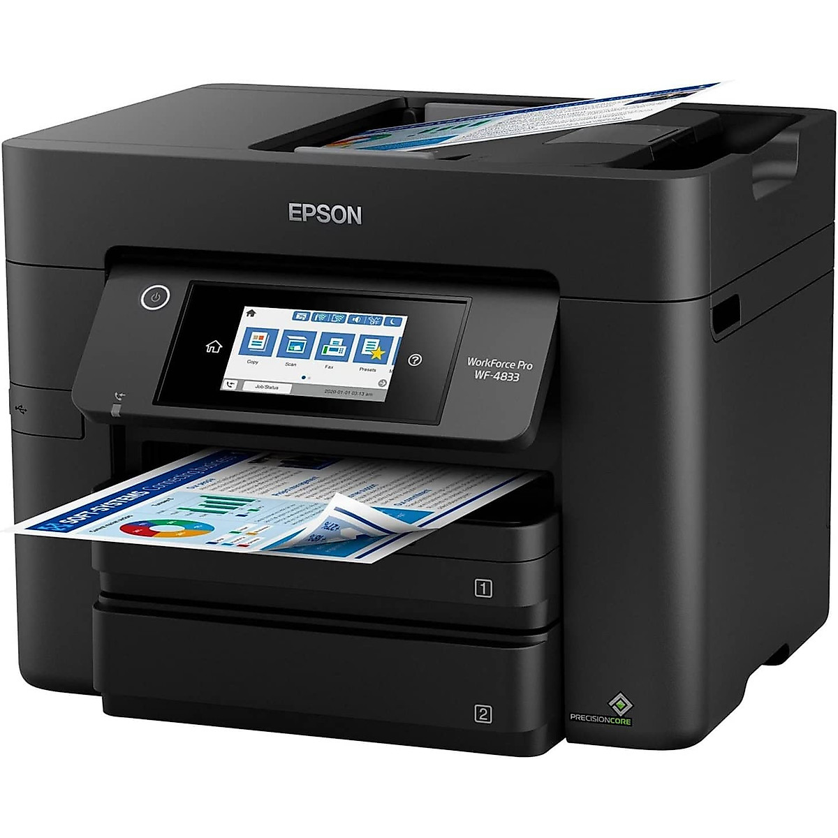 Epson Workforce Pro WF-4833 Wireless Color All-in-One Inkjet Printer, Black - Print Scan Copy Fax - 4.3" Touchscreen LCD, 25 ppm, 4800 x 2400 dpi, Auto 2-Sided Printing, 50-Sheet ADF, USB, Ethernet