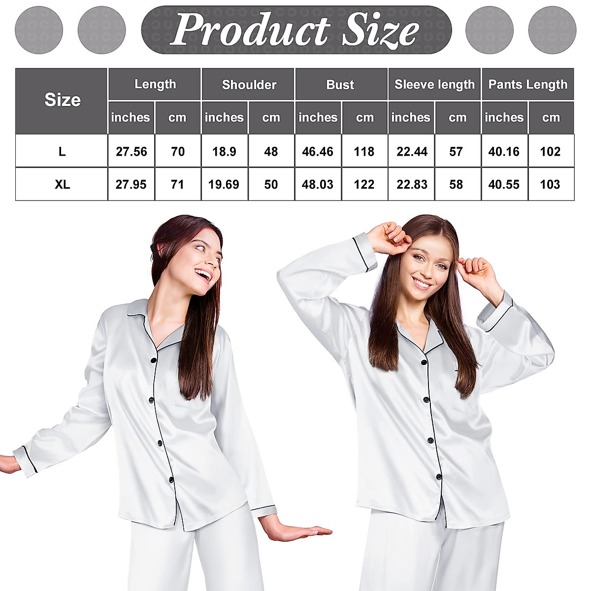 Unittype Women Silk Pajama Set Long Sleeve Silk Sleepwear Satin 2 Pcs Classic Button Down Pajamas for Bride Wedding Party (White, L)