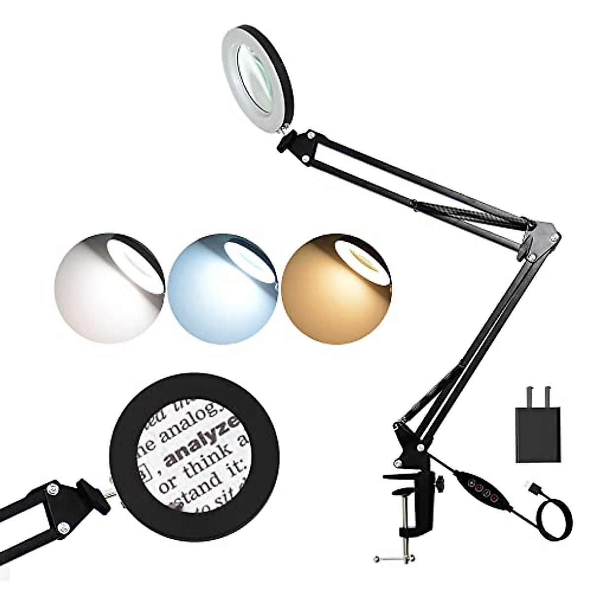 Magnifying Desk Lamp, Magnifying Glass with Light and Stand, 3 Color Modes, Magnifying Lamp with Clamp, Adjustable Swivel Arm with Light to Read Close Work (Black)