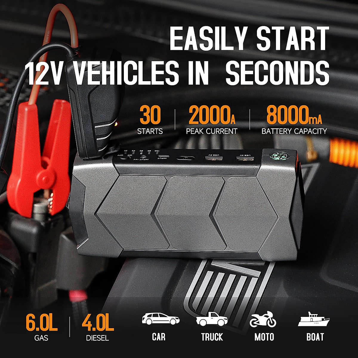CELLGEAR Portable Car Jump Starter,2000A Battery Jump Starter(Up to 6.0L Gas 4.0L Diesel Engine) 12V Car Battery Charge Jump Starte with USB Fast Charging,Emergency Warning/LED Light and Compass