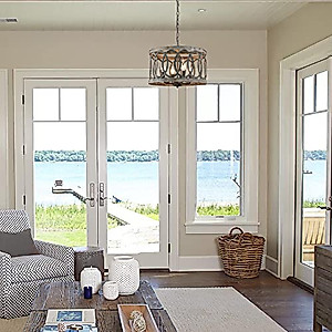 Farmhouse Drum Pendant Light Chandeliers for Dining Room, 4-Light Handmade Antique Wood & Matte Black Industrial Round Cage Rustic Kitchen Island Lighting for Entryway Bedroom Hallway Living Room