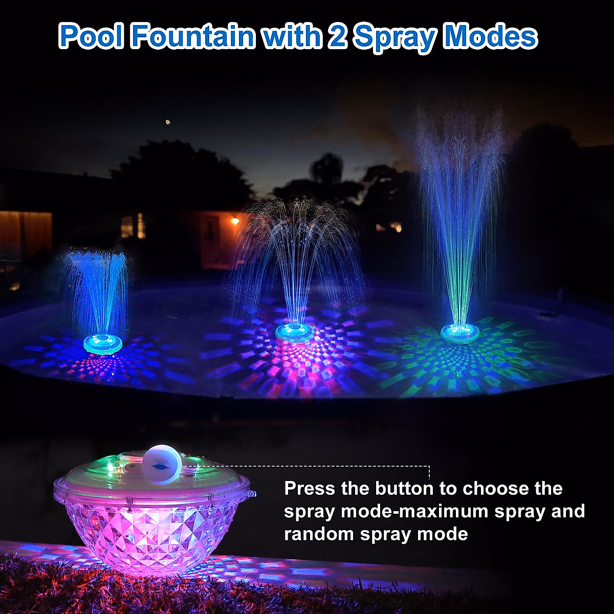 LanAqua Floating Pool Fountain with Underwater Light Show,Pool Water Fountain Rechargeable Battery Powered,2 Spray Modes Pool Fountain Pump,Pool Fountain for Inground Above Ground Pools-1PC