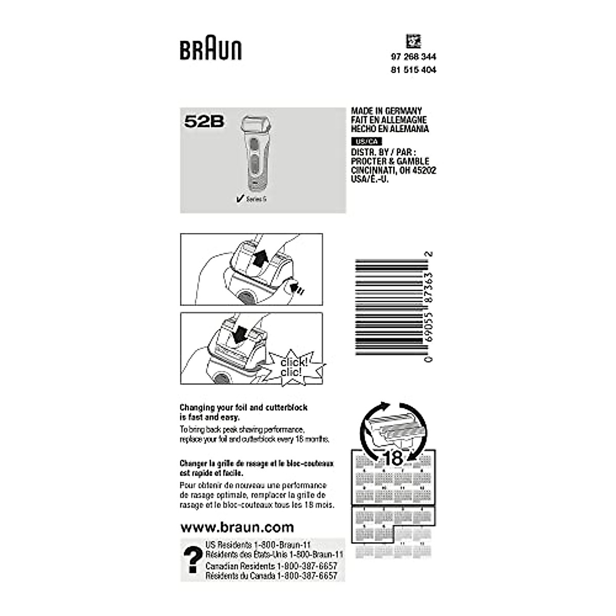 Braun Series 5 Electric Shaver Replacement Head - 52B - Compatible with Electric Razors 5090/5190cc, 5040/5140s, 5030s, 5147s, 5145s, 5195cc, 5197cc