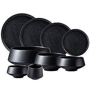 Stylish Dinner Plates,Ceramics Dinnerware Set, Black Glaze 34 Pieces Plates and Bowls Sets for Special Restaurant/Matte Porcelain Dinner Set Microwave Safe