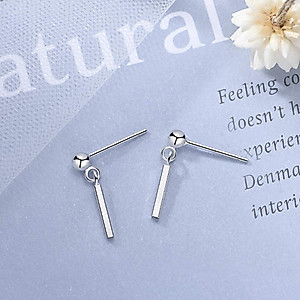 Minimalist Bar Dangle Stud Earrings Sterling Silver for Women Girls Simple Chic Statement Ball Cartilage Ear Studs Post Piercing Earring Cute Jewelry Gifts (White Gold)
