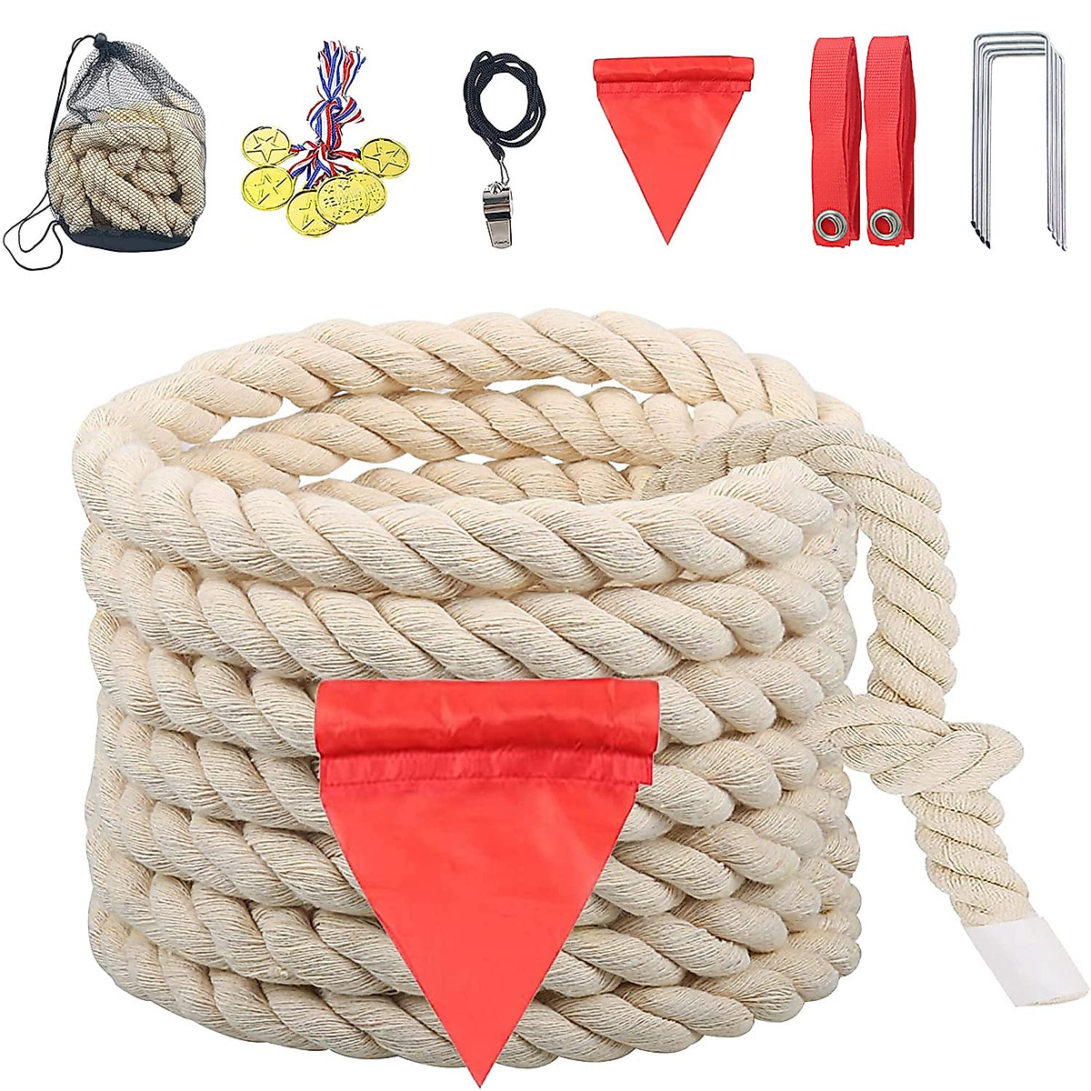 Tug of War Rope for Kids and Adults, Natural Twisted Cotton Rope, Outdoor Games Set Perfect for Carnival Team Building Activities, Field Day Family Reunion Birthday Party Game, Outside Yard Lawn Games