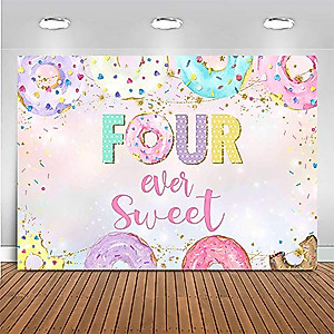 Mocsicka 4th Donut Birthday Backdrop Four Ever Sweet Donut Birthday Party Decoration Background Toddler Girl 4th Birthday Party Banner Supplies (7x5ft (82x60 inch))