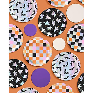 xo, Fetti Halloween Plates - 24 pcs | Halloween Tablescape, Spooky Season Setting, Haunted House Party, Checkered Kids Table Decor