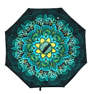 Parquet Peacock Double Layer Inverted Umbrellas - C Shaped Handle Reverse Folding Windproof Umbrella for Men and Women