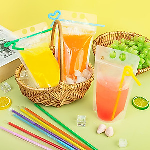 Ozera Drink Pouches, 100 Pcs Plastic Pouches with Straws Funnel, Reusable Clear Juice Pouches for Adults Fit Smoothie Ice Drink Fruit, Nuts, Coffee and Candy