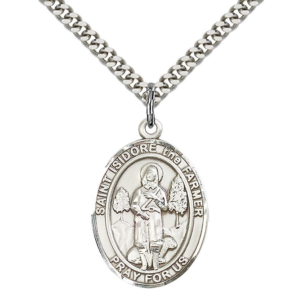 F A Dumont Sterling Silver St. Isidore The Farmer Pendant with 24" Stainless Steel Heavy Curb Chain. Patron Saint of Agricultural Workers