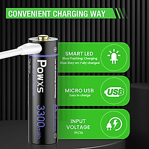 POWXS Rechargeable AA Lithium Batteries USB, 3300mWh Super Capacity 2H Fast Charging 1.5V Lithium Ion Double A Batteries with 2 in 1 Micro USB Cable