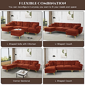 Nolohoo U Shaped Sectional Sofa Couch,114" Comfy L Shape Sofa with Chaise Lounge Ottoman, Modern Upholstered Chenille 4 Seat Modular Couch Set for Living Room Office, Orange