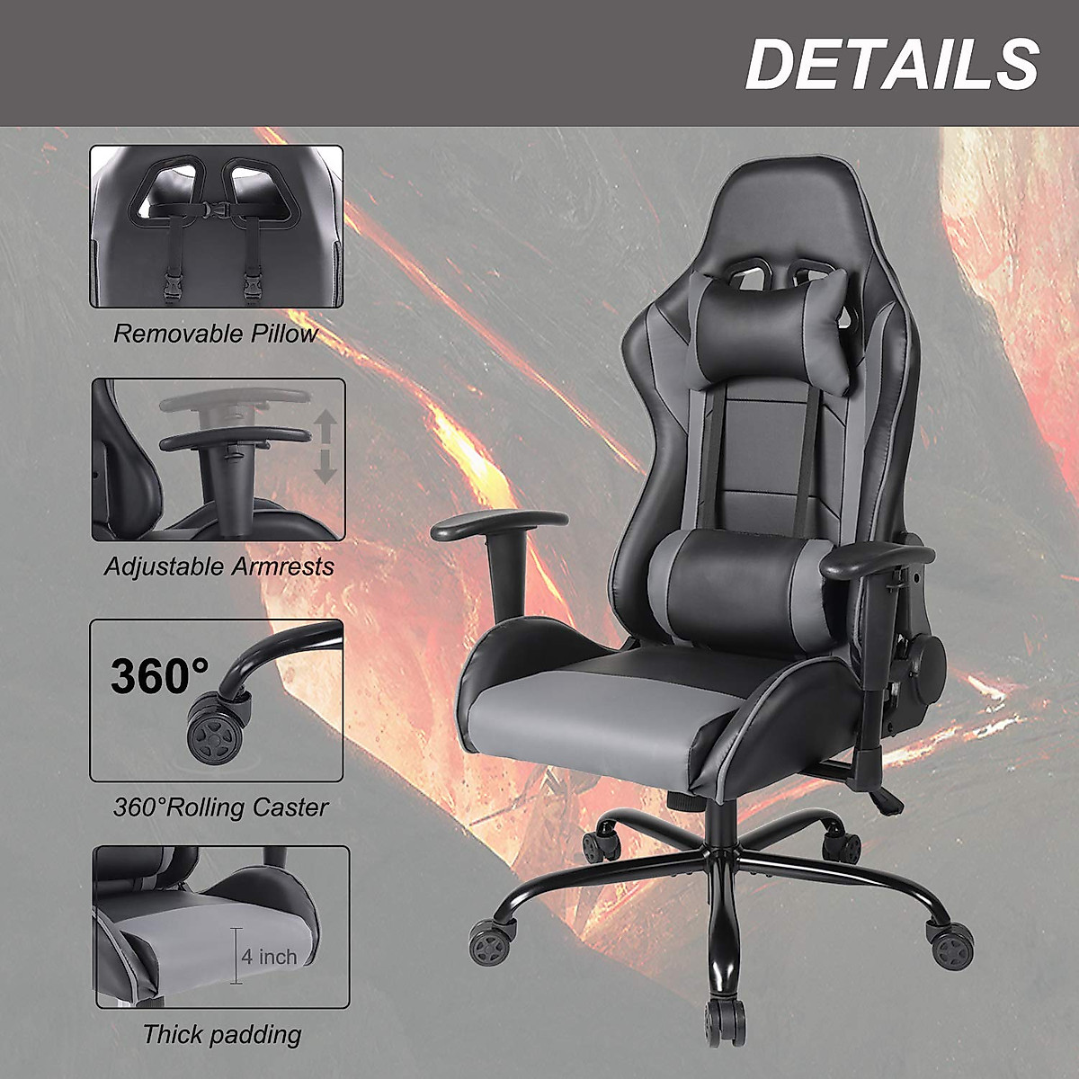 Office Chair Ergonomic Gaming Chair Computer Desk Chair Reclining Video Game Chair High Back PU Leather Executive Swivel Chair with Adjustable Armrests, Headrest and Lumbar Support
