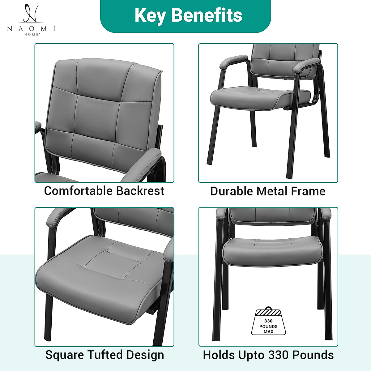 Naomi Home Conference Room Chairs, Heavy Duty Leather Executive Conference Table Chairs, Office Conference Chair, Conference Room Chair with Padded Arm Rest, Guest Chair Fixed-Back, Set of 2 - Gray