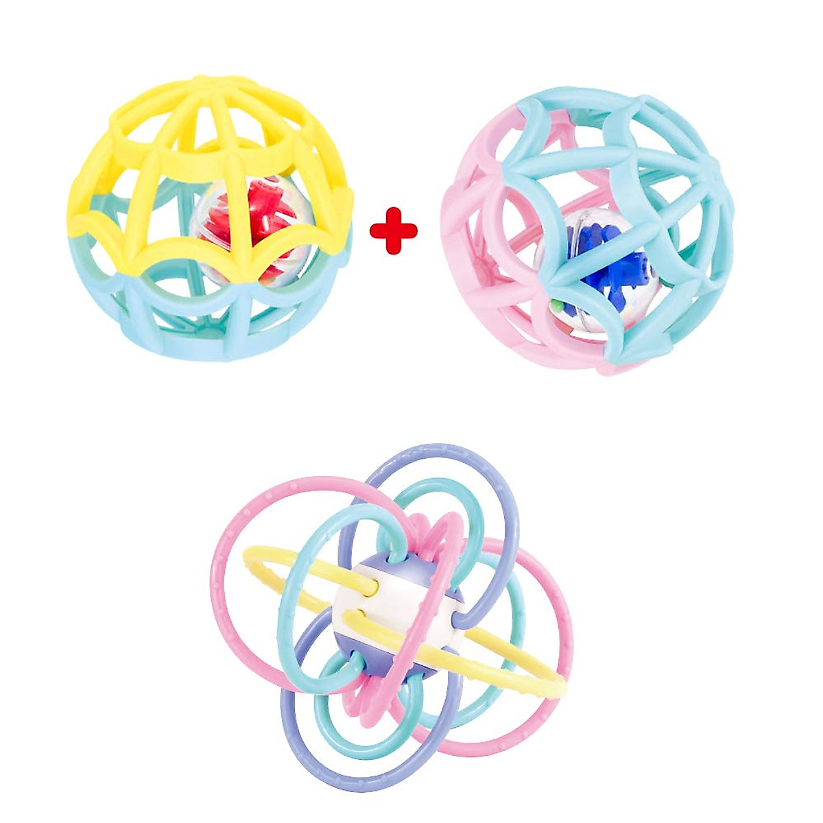 Baby Play Ball and Sensory Teether. Two Outer Plus 2 Inner Balls. Rattles and Rolls for Double The Fun. Ages 0 Month to 4 Years