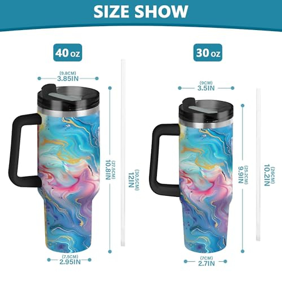 FRCSDIY Colored Marble Insulated Tumbler with Handle and Straw Lid,30oz Leakproof Stainless Steel Cup BPA-Free Water Bottle