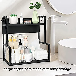 RekRang Bathroom Organizer Countertop,2 Tier Metal Kitchen Spice Rack Bathroom Tray Cosmetic Organizer,Counter Storage Shelf for Bathroom Kitchen Living Room Bedroom (Black)