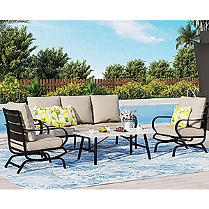 Sophia & William Patio Conversation Sets 4 Pcs Outdoor Metal Furniture Sets 5 Seats with 1 x 3-Seat Sofa, 2 x Cushioned Sofa Chairs, 1x Marbling Metal Coffee Table Patio Lawn Backyard Poolside Beige