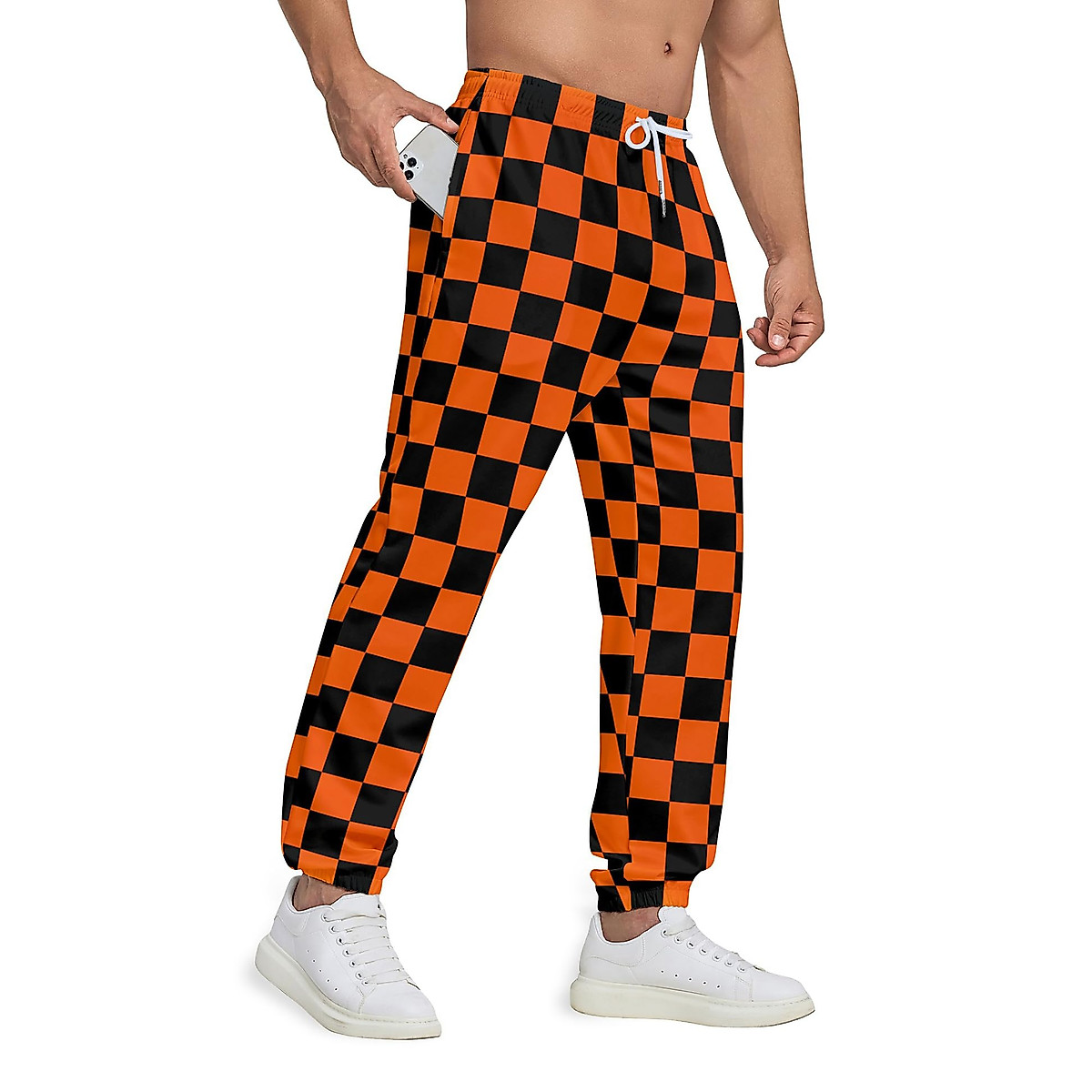QINGXUN Sweatpants for Men Black Checkered Pants Men Lightweight Joggers Pants Drawstring Checkered Sports Pants with Pockets