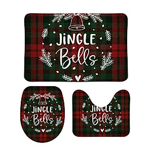 Bathroom Mat Rug Set Non Slip Including U-Shaped Contour Mat Toilet Seat Cover ﻿Jingle Bells Christmas Green Red Extra Soft Coral Fleece Memory Foam 3 Piece