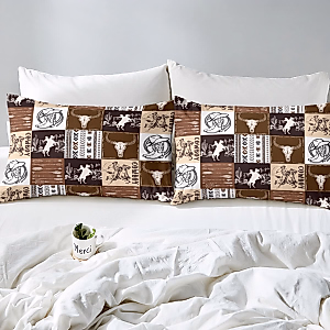 Western Cowboy Kids Duvet Cover Set Queen Size, Bull Skull Horse Arrow Print Quilt Cover with 2 Pillowcases, American West Brown Lattice Patchwork Bedding Cover for Boys Teens Room Decor, No Filler