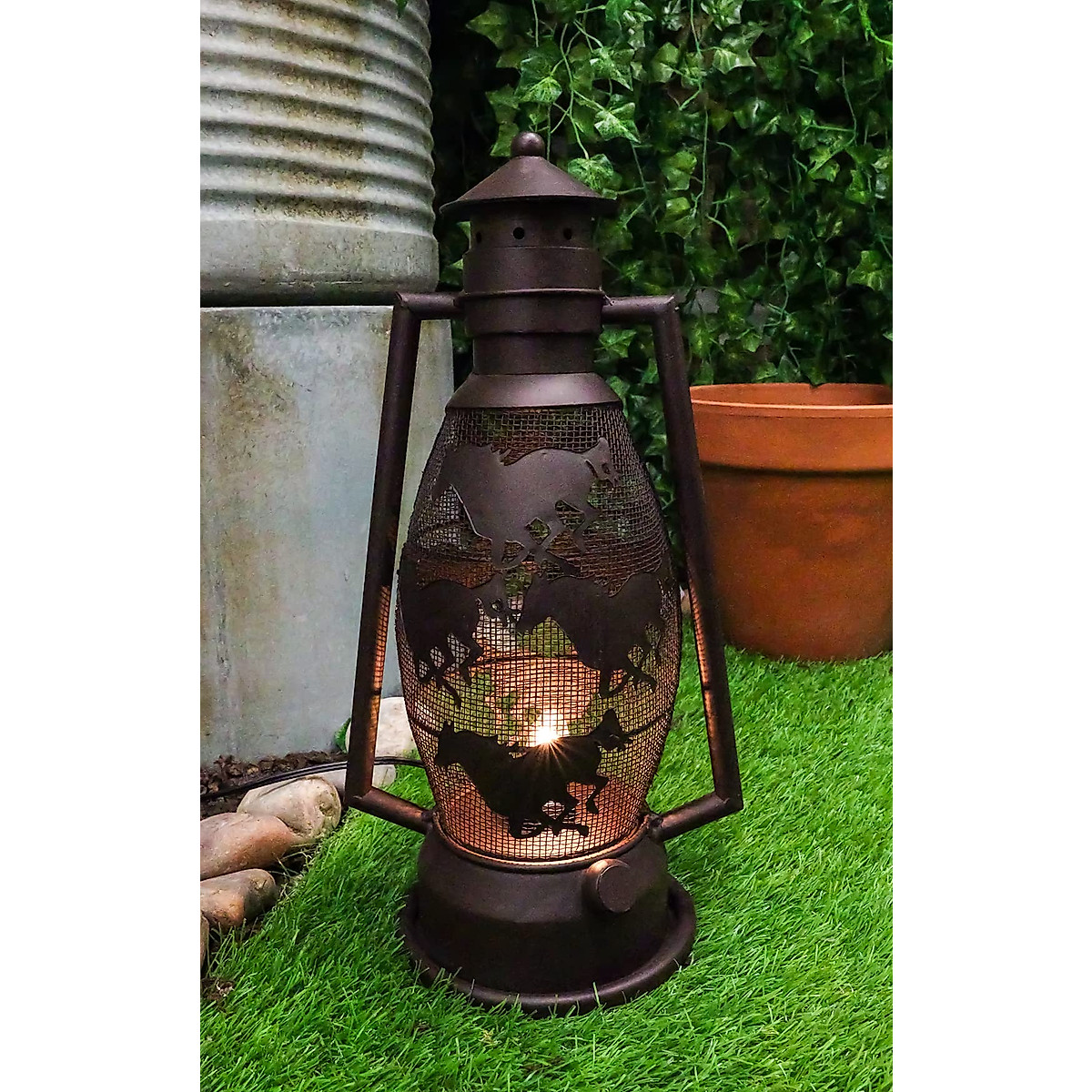 Ebros 15" Tall Old Fashioned Rustic Country Western Electric Metal Lantern Nightstand Lamp Light Or Wall Shadow Caster for Home Patio Poolside Garden Decorative (Cowboy Riding Horse)