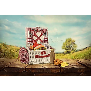 Picnic Basket for 4 Person Wicker Picnic Hamper with Waterproof Blanket, Insulated Cooler Compartment & Tableware Set (White/Red)