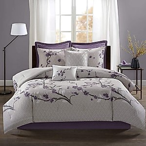 Madison Park Holly 100% Cotton Duvet Set - Classic Traditional Design, Cozy All Season Comforter Cover, Matching Shams, Decorative Pillows Holly, Full/Queen(90"x90"), Pruple/Grey 7 Piece