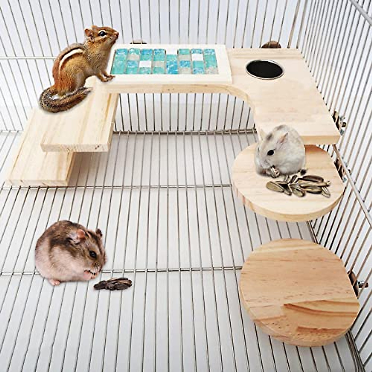BNOSDM Wooden Hamster Cage Platform Set Wood Chinchilla Ledges and Platforms Rectangle L-Shaped Round Cage Accessories with Cooling Standing Board&Food Cup for Mouse Squirrel Gerbil Guinea Pig