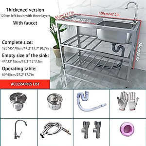 Free Standing Stainless-Steel Single Bowl Sink,Commercial Restaurant Kitchen Sink Set,Utility Kitchen Sink with Workbench, w/Faucet & Drain, for Restaurant,Garage,Laundry Room,Yard