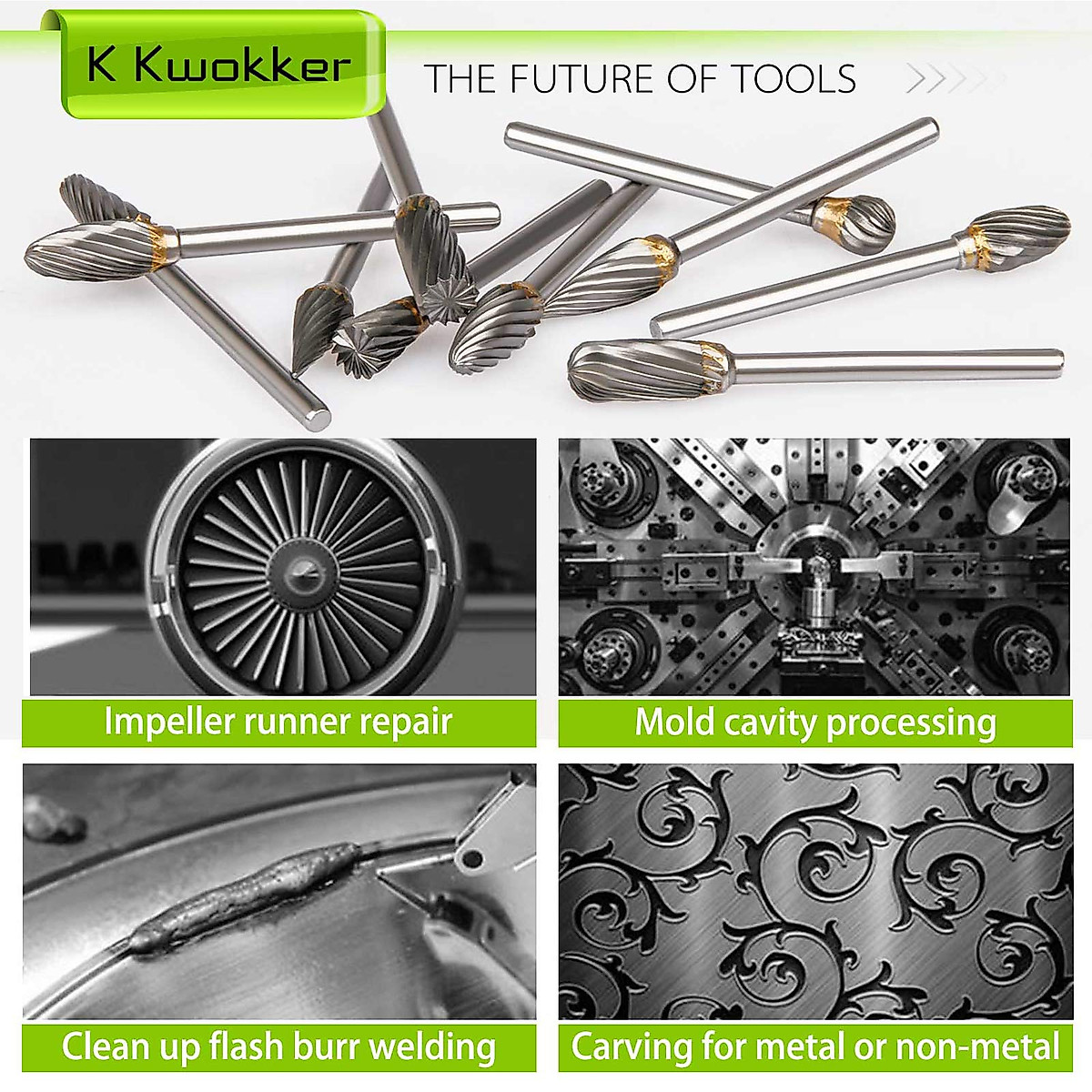 K Kwokker Tungsten Carbide Burr Set 1/8 Shank Diamond Files HRA85 Rotary Tool Accessory Kit, Drill Chucks Accessories for Dremel Rotary Drill Air Die Grinder for Metal Polishing, Wood Carving