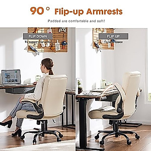 Sweetcrispy Ergonomic Executive Office Chair: Desk Chair with Wheels Mid Back Computer Chair with Lumbar Support Height Adjustable PU Leather Office Chair Flip Up Arms, Beige White