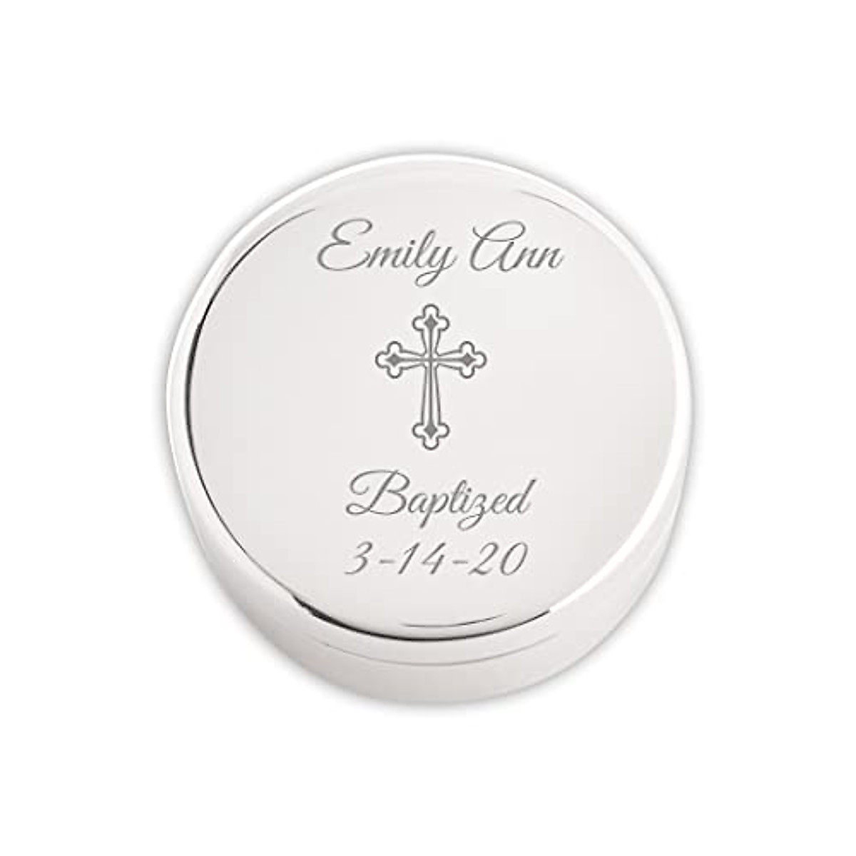 Cherished Moments Personalized Small Round Jewelry Keepsake Box that has Custom Engraved Cross and Message for Baby Baptism, Silver Toned