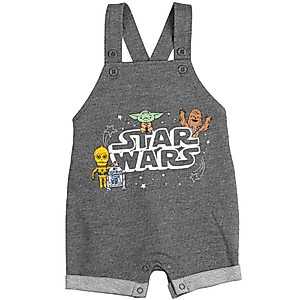 STAR WARS R2-D2 Yoda Chewbacca Newborn Baby Boys Short Overalls Graphic T-Shirt and Hat 3 Piece Outfit Set Grey 3-6 Months