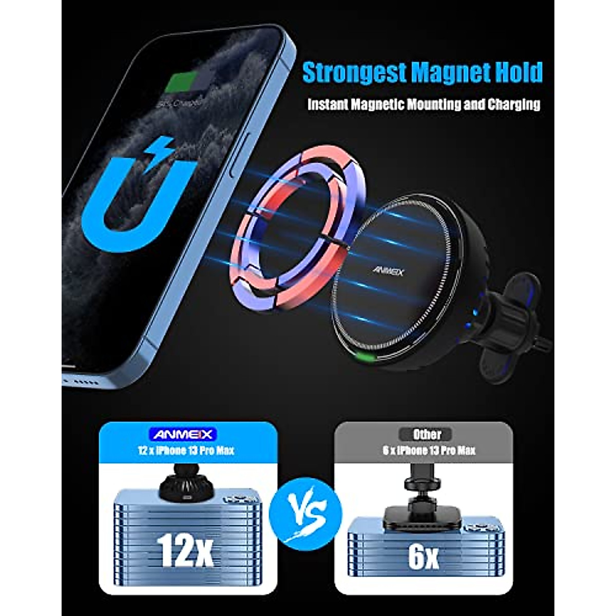 Magnetic Wireless Car Charger Mount，[Ice Cooling Charging] Anmeix 15W Fast Charging Magnet Car Phone Holder,Air Vent Mount Compatible with iPhone 15/14/13/12 Series Phones and Magnetic Cases, Black