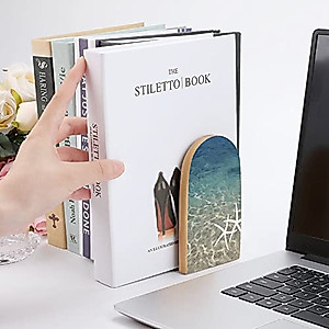2 Pack Wood Bookends,Summer Beach Tropical Blue Ocean Starfish Decorative Book Ends Support for Shelves Desktop Organizer Wooden Bookshelf for Home School Office