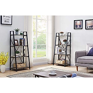 BON AUGURE Rustic Ladder Bookshelf, 4 Tier Industrial Ladder Shelf Bookcase, Standing Leaning Book Shelves for Living Room (Dark Gray Oak)