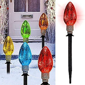Biswing Christmas Decorations C9 Multicolor Light Bulb with Pathway Markers, Outdoor Xmas Pathway Lights, Connectable & Light Up for Holiday Walkway Patio Garden Lawn Yard Ornament, 5 Pack