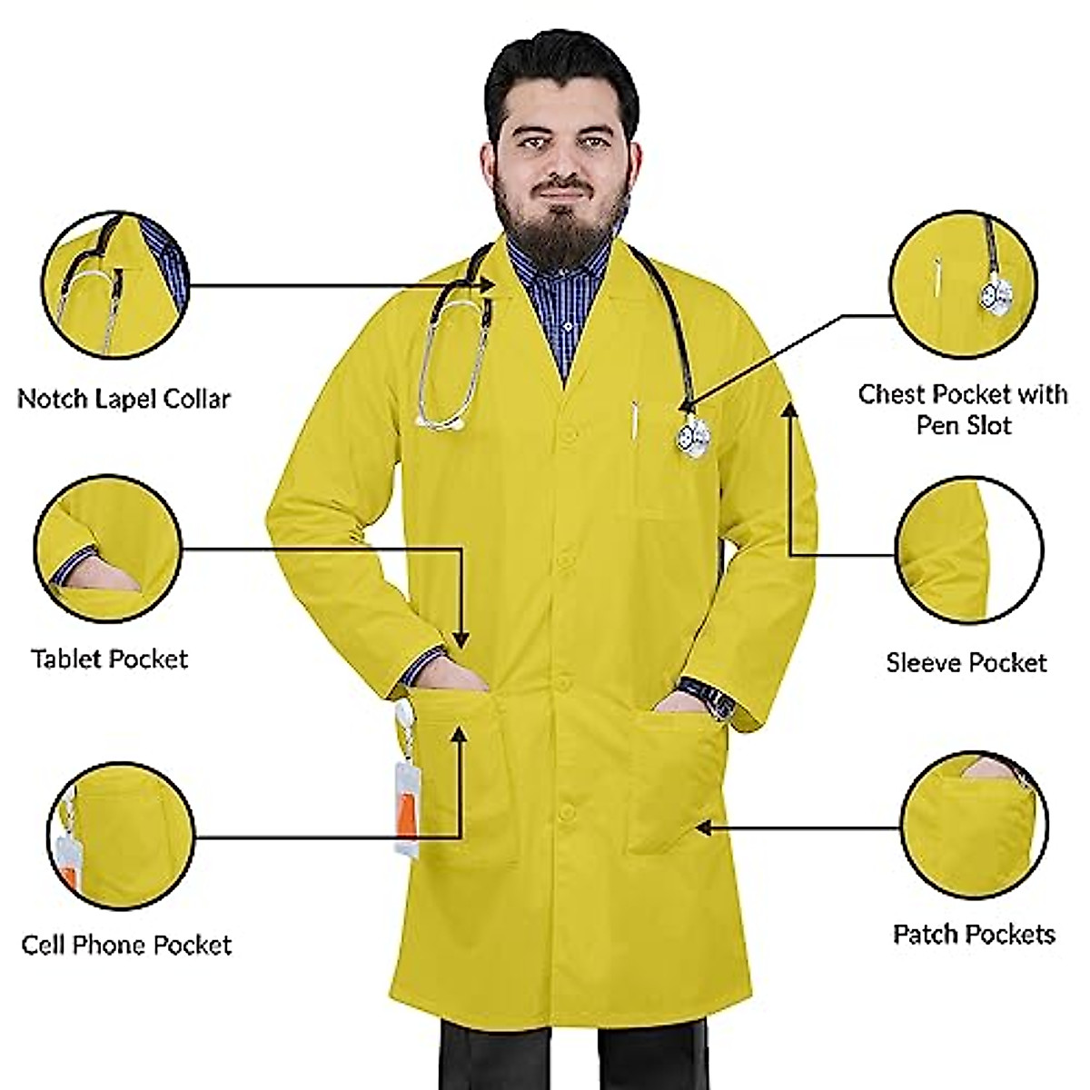 HEEDFIT Premium Quality Unisex Lab Coat, Comfortable Poly-Cotton Reusable & Professional Lab Coats Yellow L